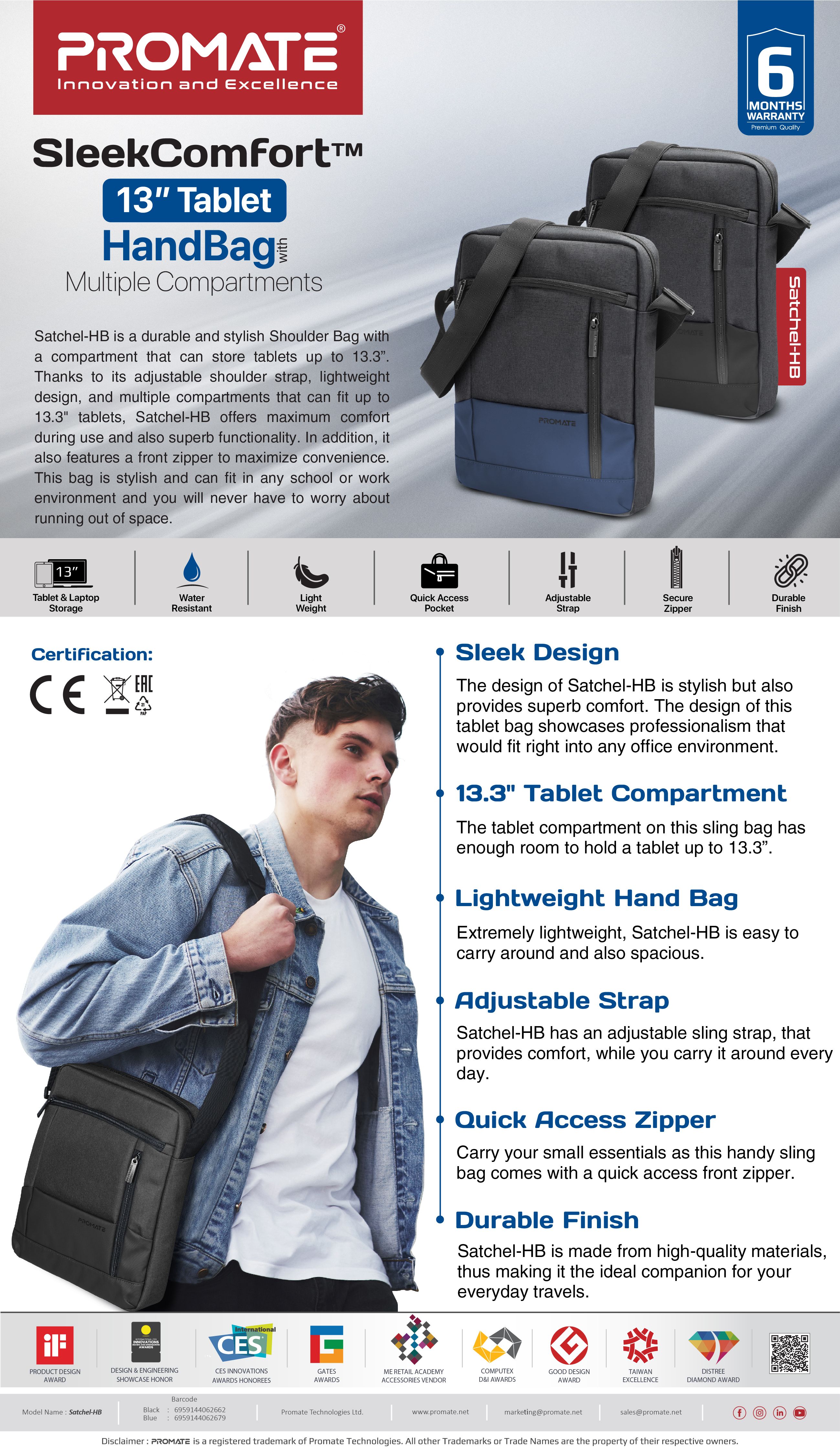 Promate Satchel-HB Sleek Comfort™ 13” Tablet Hand Bag with Multiple ...