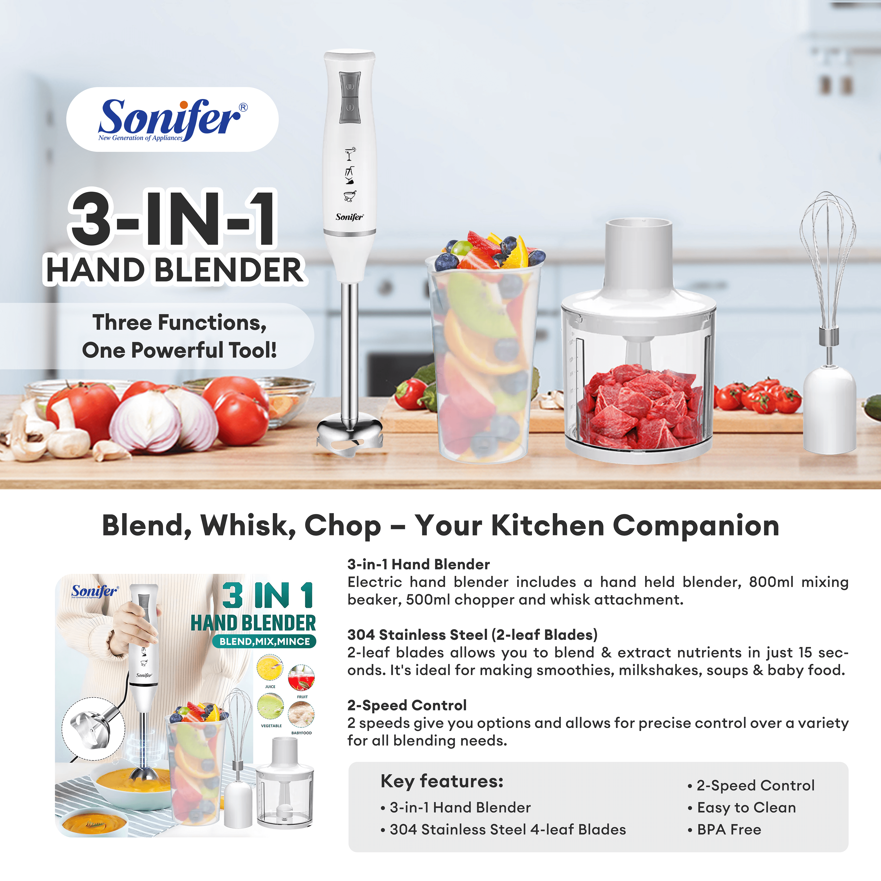 Sonifer 3IN1 Hand blender Baby food processor Hand mixer Egg beater ...