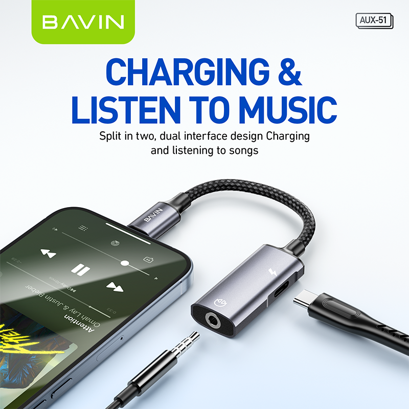 BAVIN AUX51 USB-C Adapter Splitter TYPE-C+3.5mm Jack Audio & Charger ...