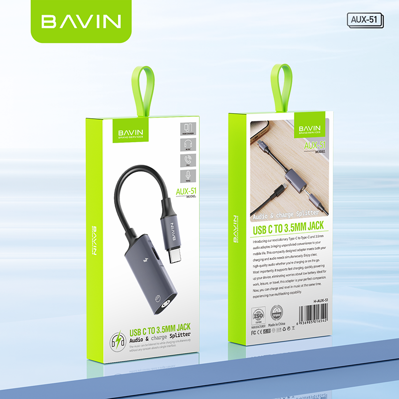BAVIN AUX51 USB-C Adapter Splitter TYPE-C+3.5mm Jack Audio & Charger ...