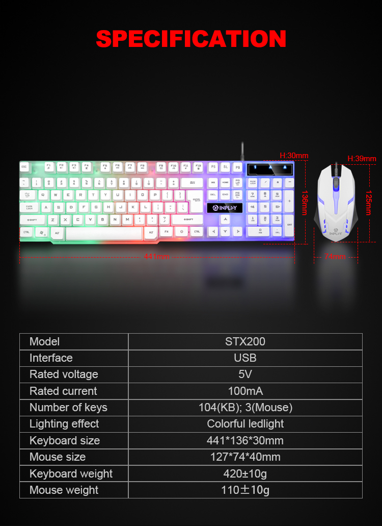Inplay STX200 Keyboard Mouse Set Rainbow RGB Suspended Backlit Gaming ...