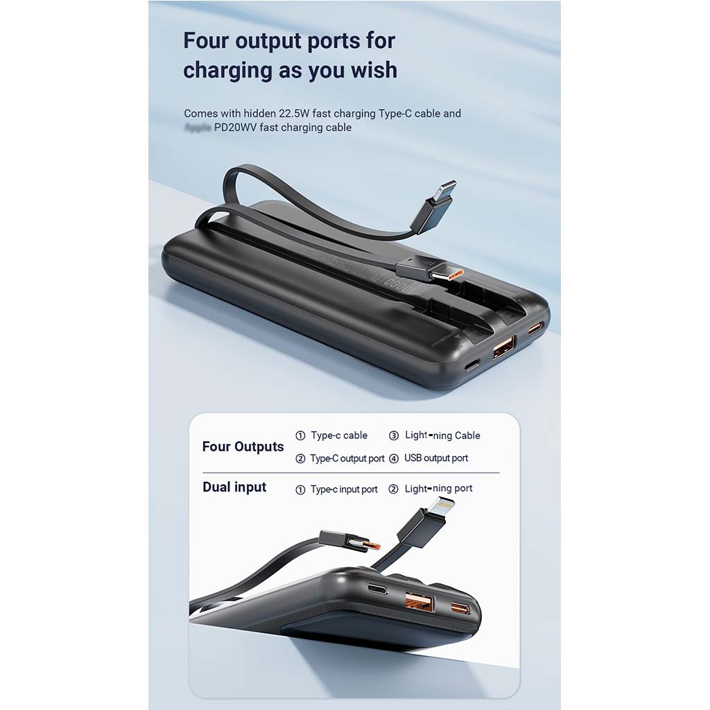 Awei P77K 10000mAh Powerbank 22.5W Fast Charging with Built-in Cable ...