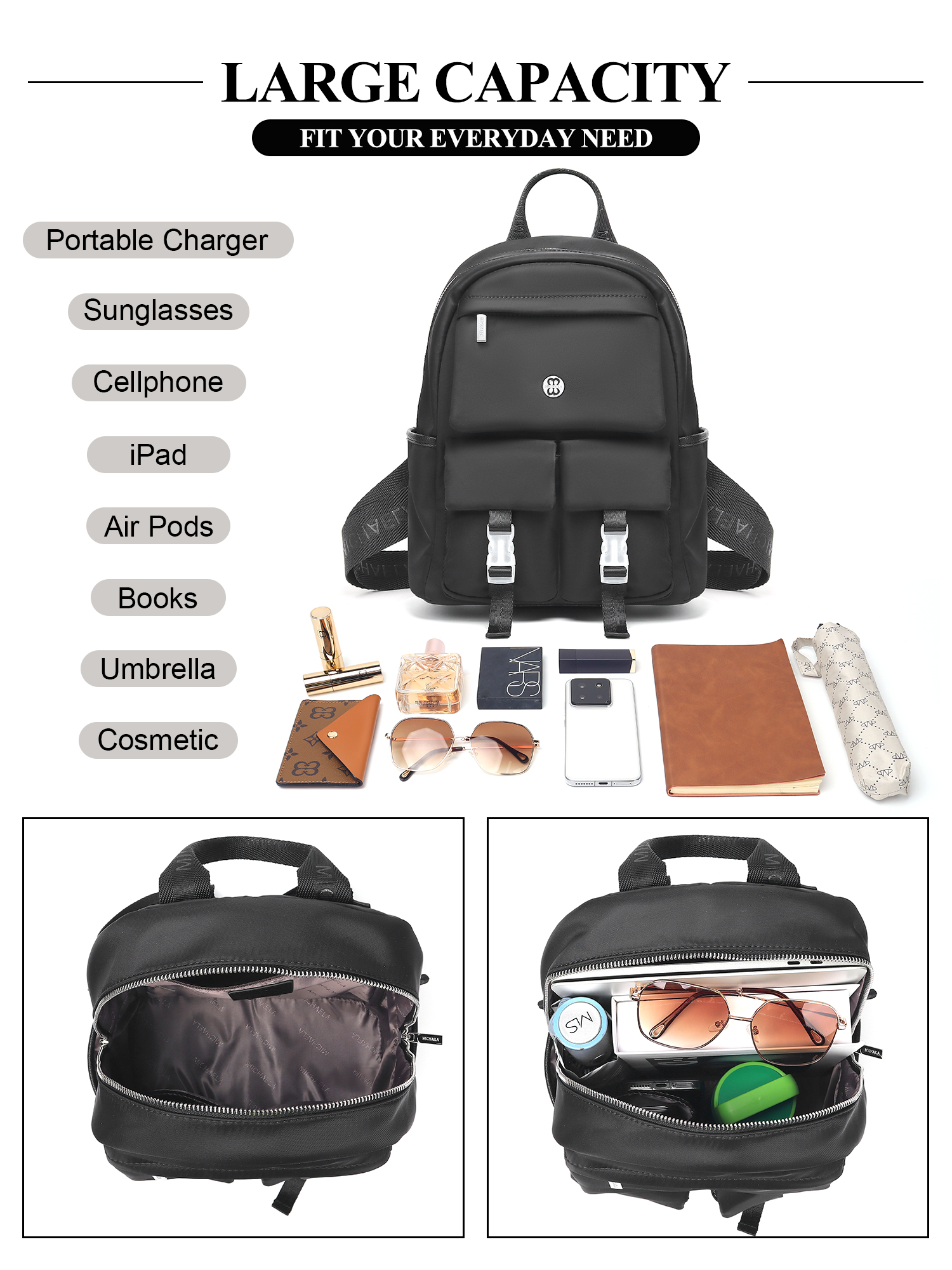 MICHAELA Cool Buckled Backpack Thicken Re-Nylon Roomy Bag Pack for ...