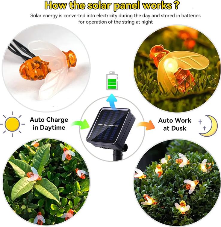 Ulife 20 Led Solar HoneyGlow Solar String Lights Powered Cute Honey Bee ...