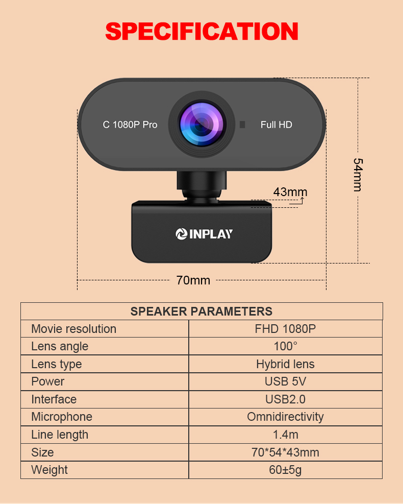 Inplay C1080PRO Web Camera HD 1080P USB 2.0 Port Hi-Speed With Mic Web ...