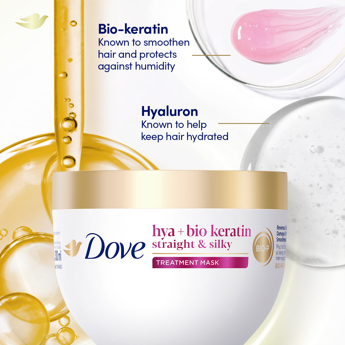 Dove Hya+Bio Keratin Straight & Silky Treatment Mask 300ml for Frizzy ...