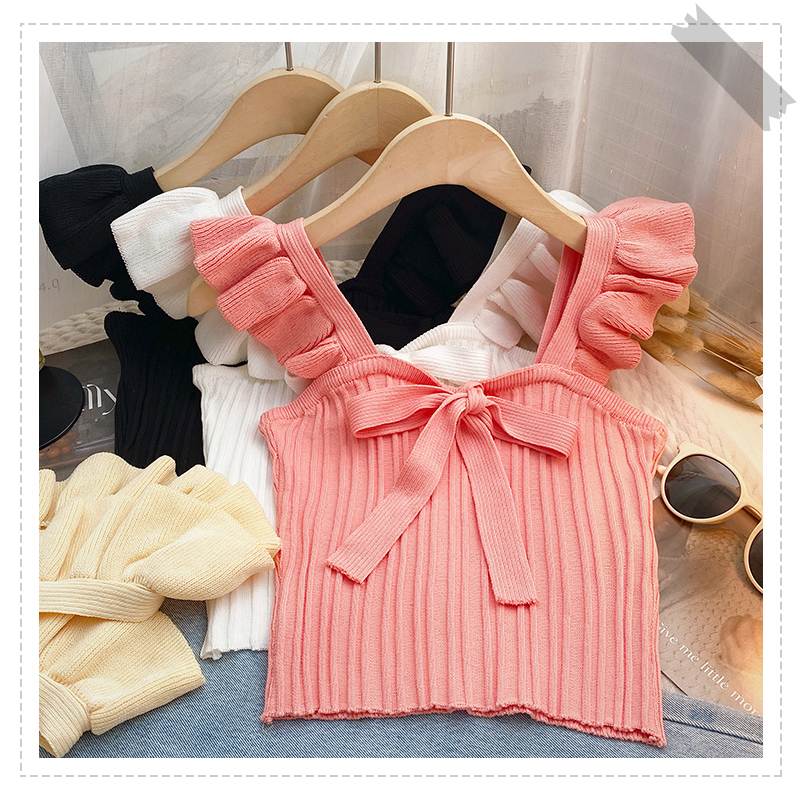 Ruffle Edge Tank Top Solid Color Bow Knot Tank Top Gentle French Style ...