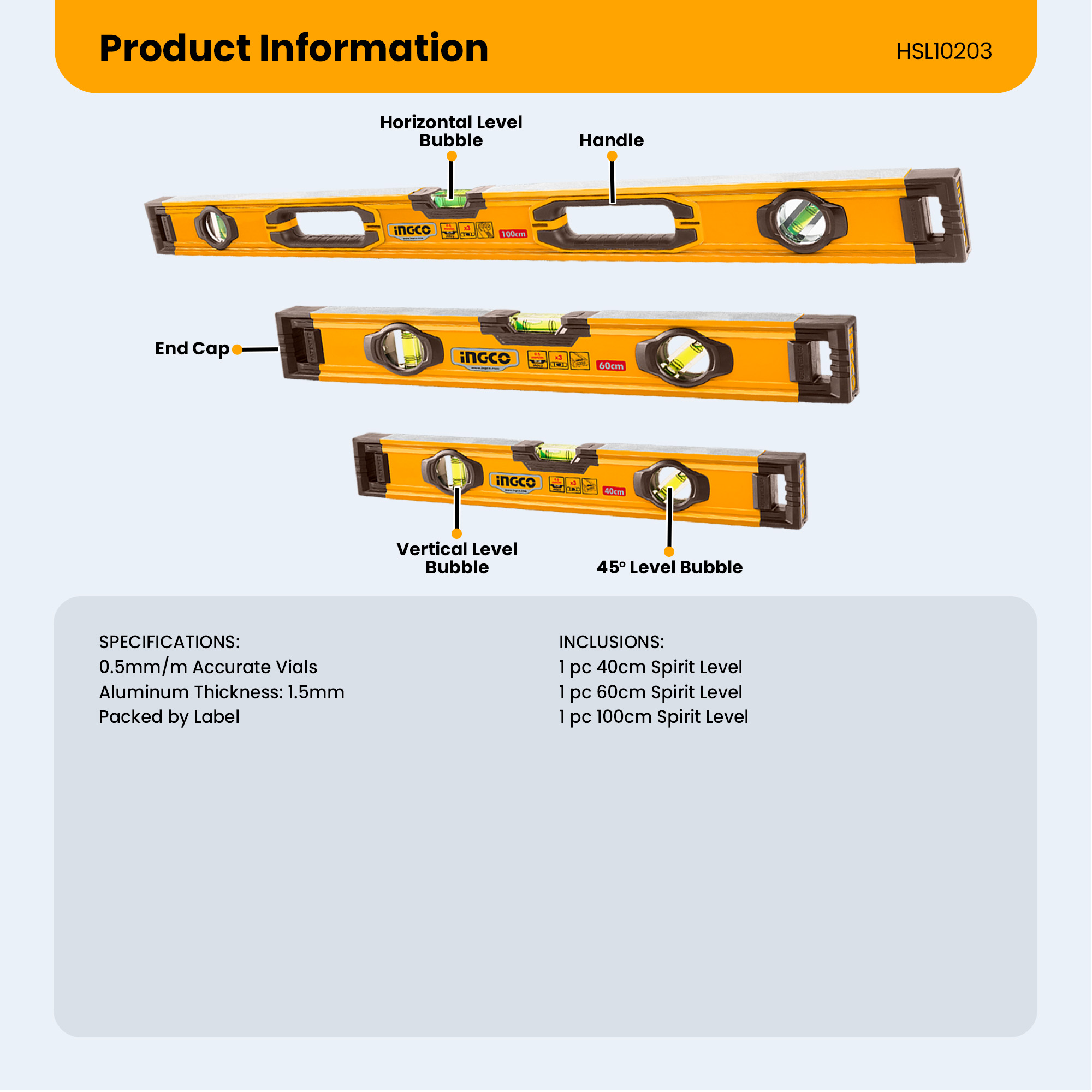 Ingco 3pcs Spirit Level Set 40cm-100cm Multi-Purpose Bubble Alignment ...