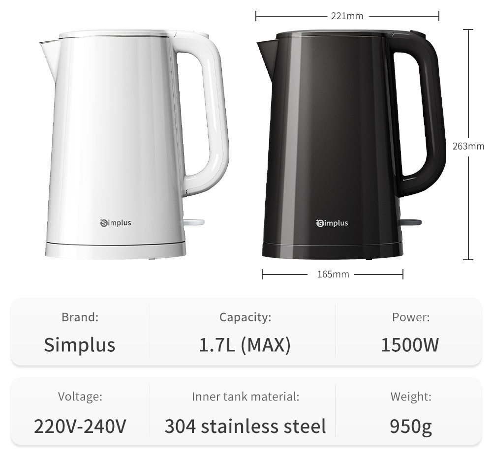 Simplus Electric Water Kettle 1.7L (304 Stainless Steel) | Shopee ...