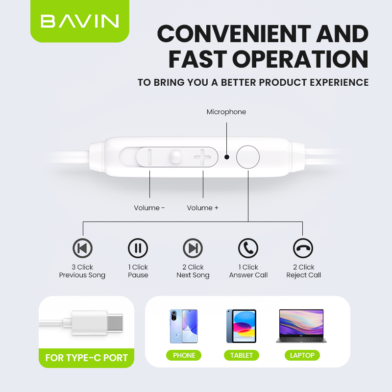 BAVIN HX867 / HX868 Type-C Wired Earphone Stereo Audio Sound w/ Built In Microphone & Volume ...