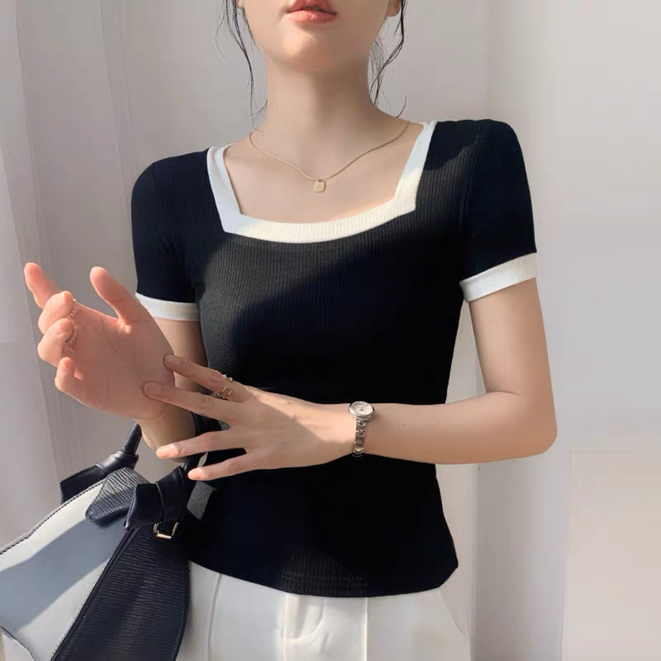 Angelcity Contrast Binding Square Neck Tee Full Length T Shirt For ...