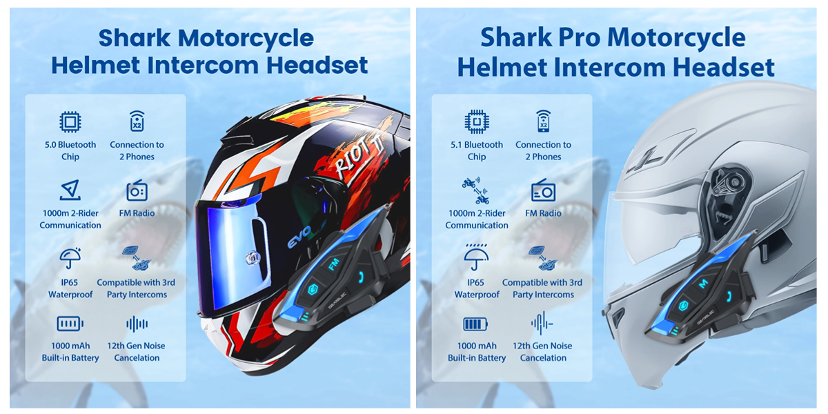 GEARELEC Shark Bluetooth Motorcycle Intercom Helmet Headset 1000m ...