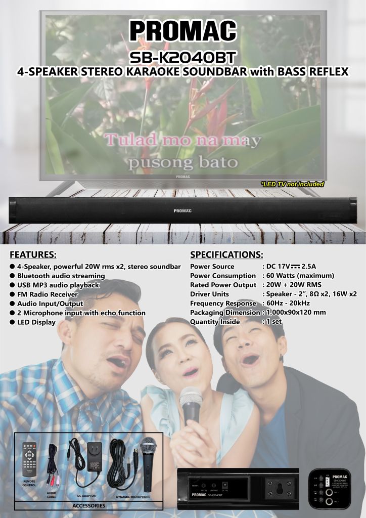 Promac Karaoke Soundbar 4-Speaker Stereo with Free Mic (SB-K2040BT ...
