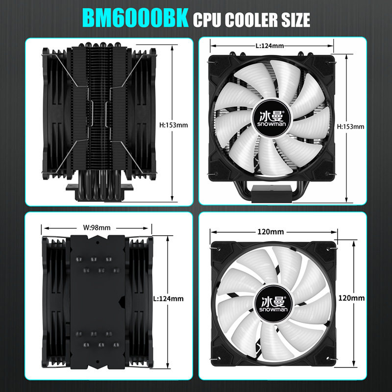 Iceman BM6000 Computer CPU Cooler 6 heatpipes copper bottom PWM fan ...
