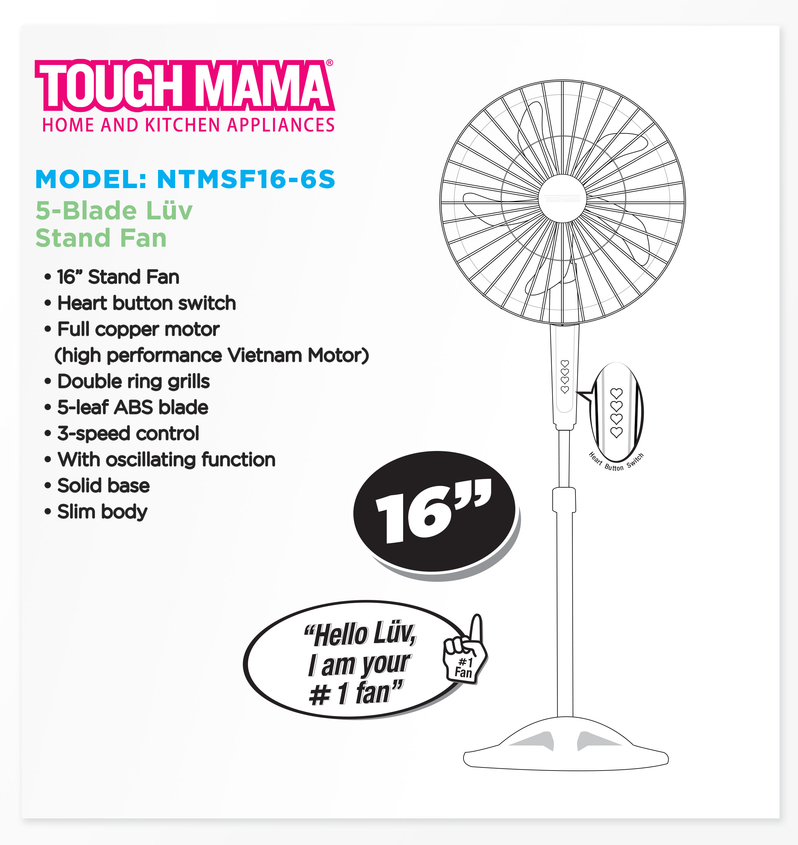 Tough Mama NTMSF16-6S White Luv Stand Fan 5-Blade Heart Buttons ...