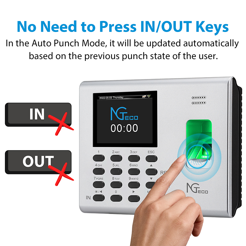 NGTeco Battery Fingerprint Time Attendance Machine WiFi Time Recorder ...