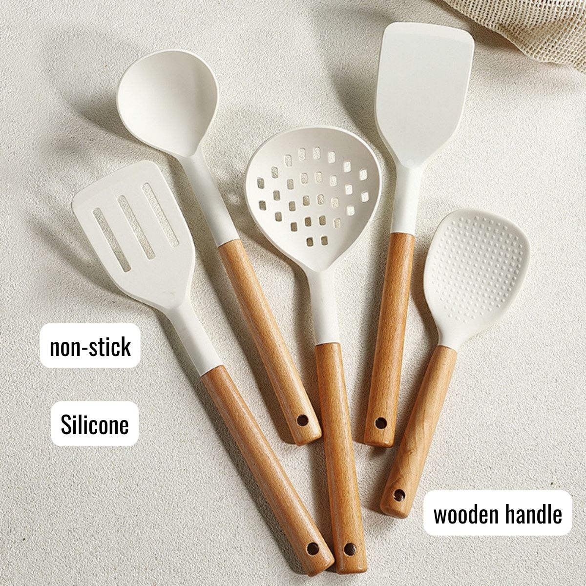 LOCAUPIN Set of Kitchen Essential Tool Silicone Cooking Utensil Wooden ...