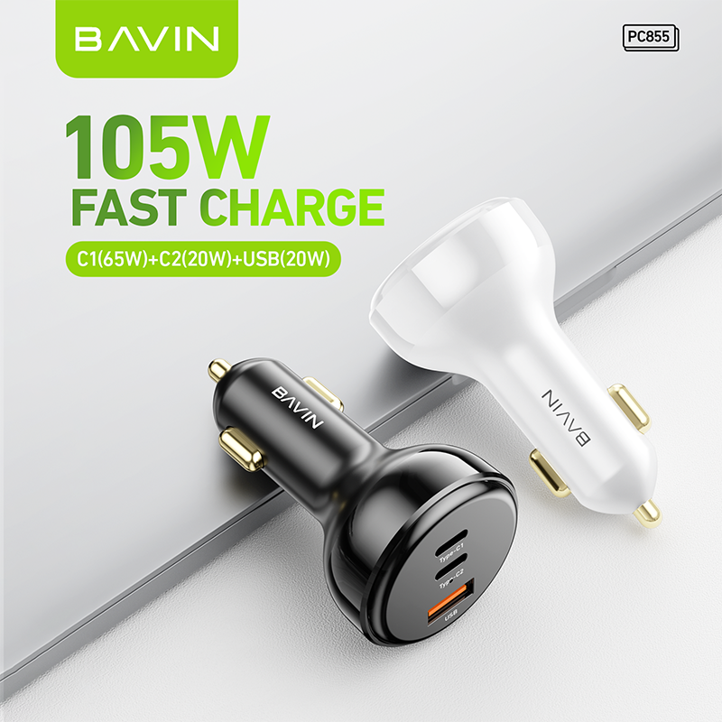 BAVIN PC855 105W Fast Charging Car Charger W/ 3 Input Port Charging Dual TYPE-C and 1 USB Port ...