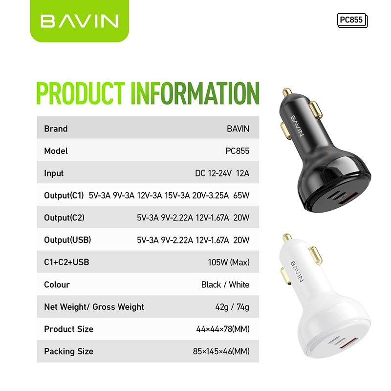 BAVIN PC855 105W Fast Charging Car Charger W/ 3 Input Port Charging Dual TYPE-C and 1 USB Port ...