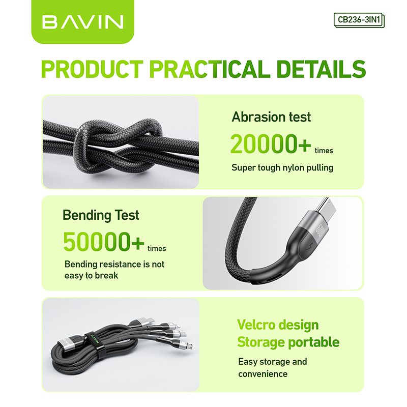 BAVIN CB236 60W 30W 18W 3 IN 1 Fast Charging Cable Nylon Braided Cable ...