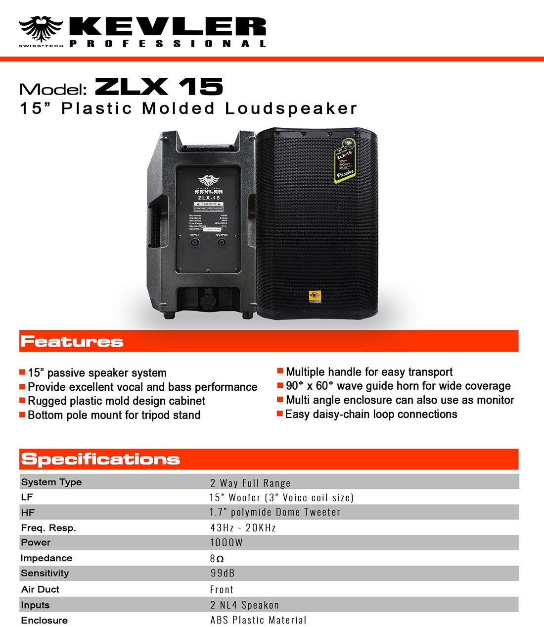 KEVLER 15" 2-Way 1000W Full Range Passive Loud Speaker with Multiple ...