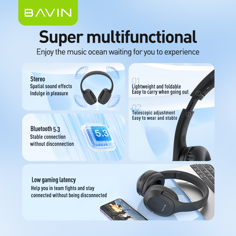BAVIN BH50 Bluetooth Stereo Audio Sounds Built-In Microphone w/ Long ...