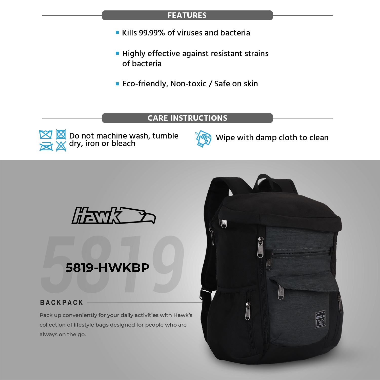 Hawk 5819 Lifestyle Backpack with VIRUPRO Anti-Microbial Protection ...