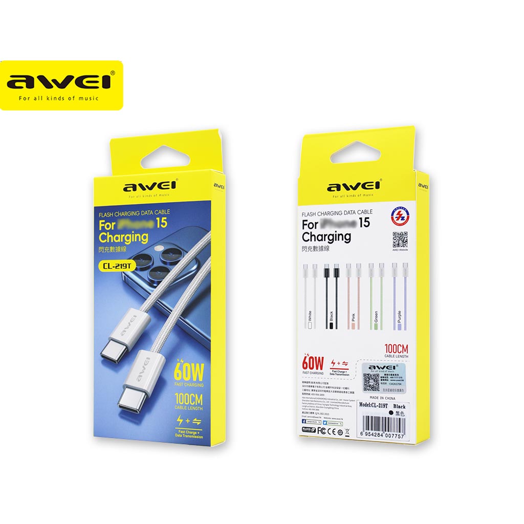 Awei CL-219T 1m Type-C to Type C 60W Quick Charging Data Sync ...