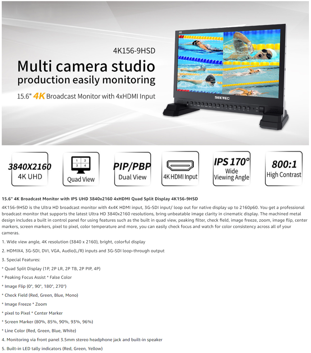 Feelworld SEETEC 4K UHD 15" LCD Multi Camera Studio Director Broadcast Monitor | 4K156-9HSD ...