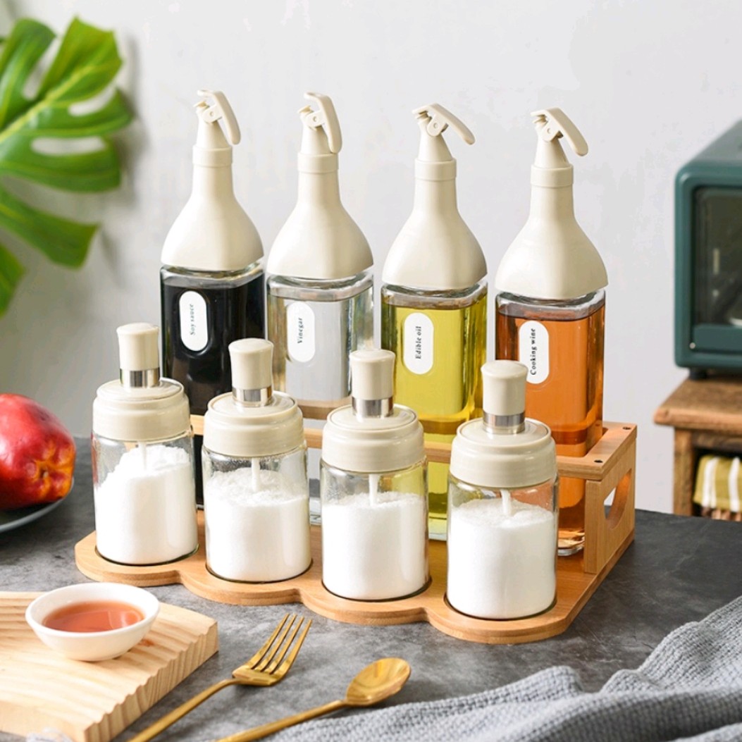Cream Kitchen Glass Oil Bottle Seasoning Bottle Set with Wooden Rack ...