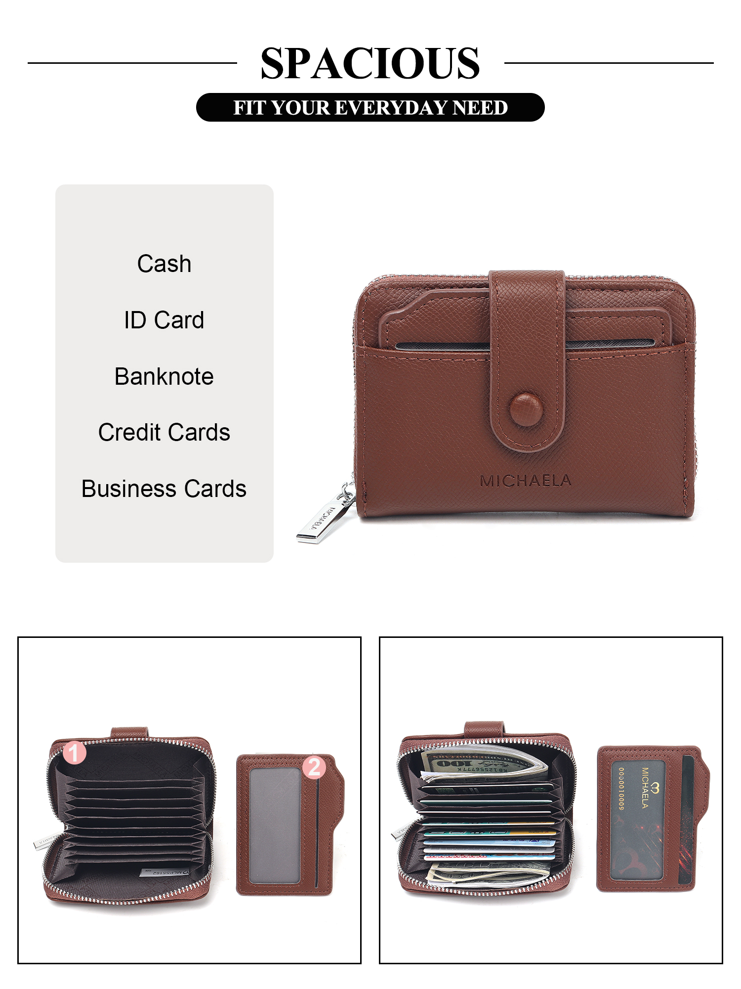 MICHAELA Zip Card Wallet with Detachable Card Holder Accordion Card ...