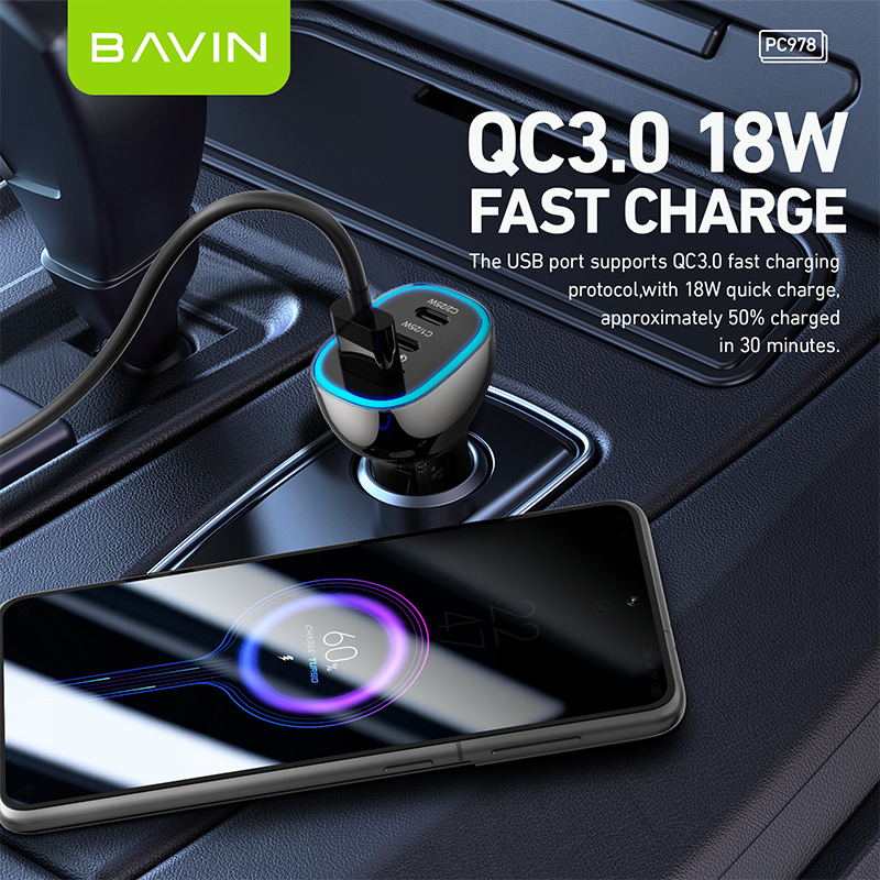 BAVIN PC978 68W PD Fast Charging USB-C Car Charger w/ 2x Type-C Port 25W / 1x USB Port 18W QC 3. ...