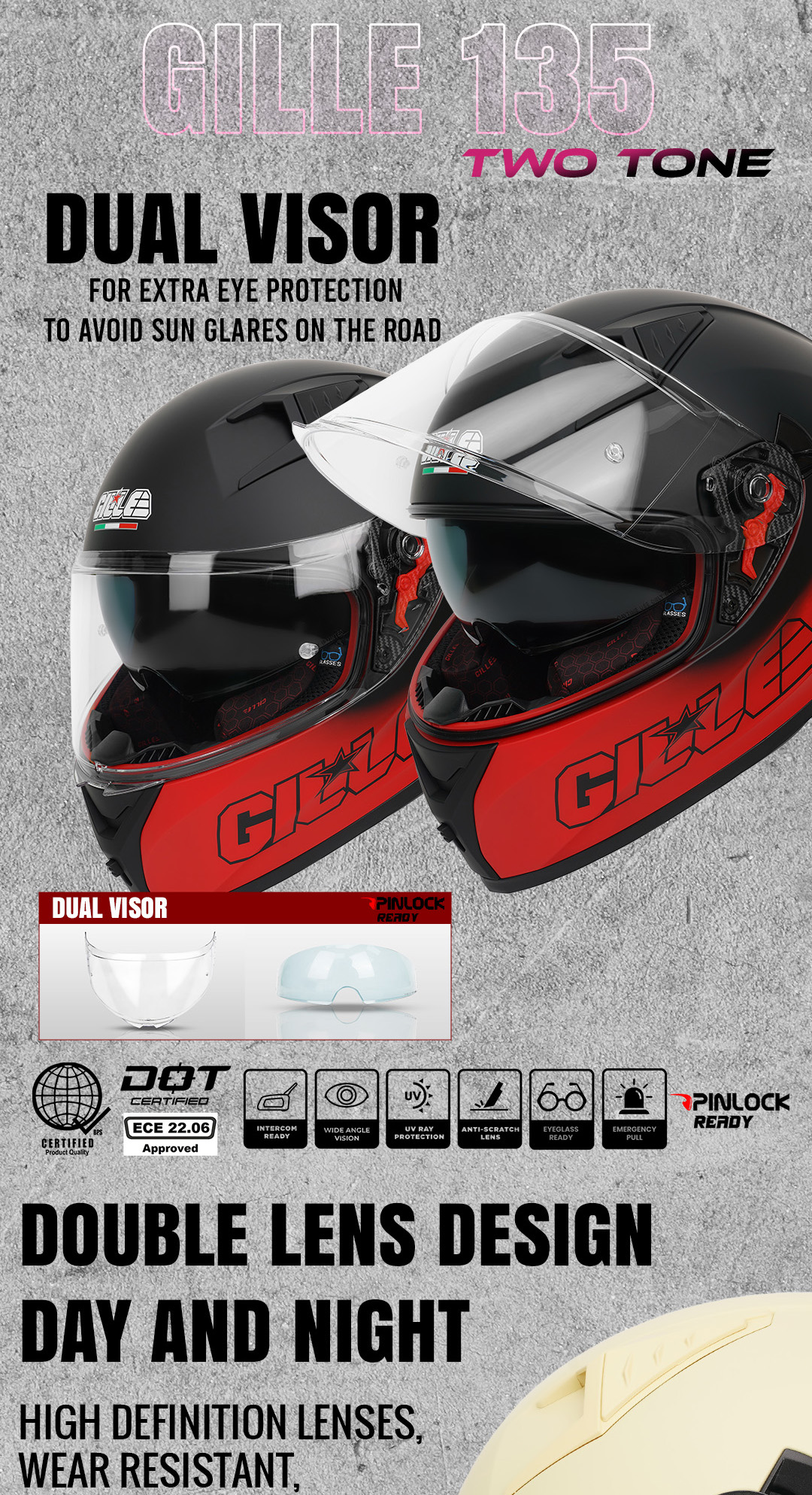 GILLE 135 GTS V1 Two Tone Design Motorcycle Helmet Full Face Dual Visor ...