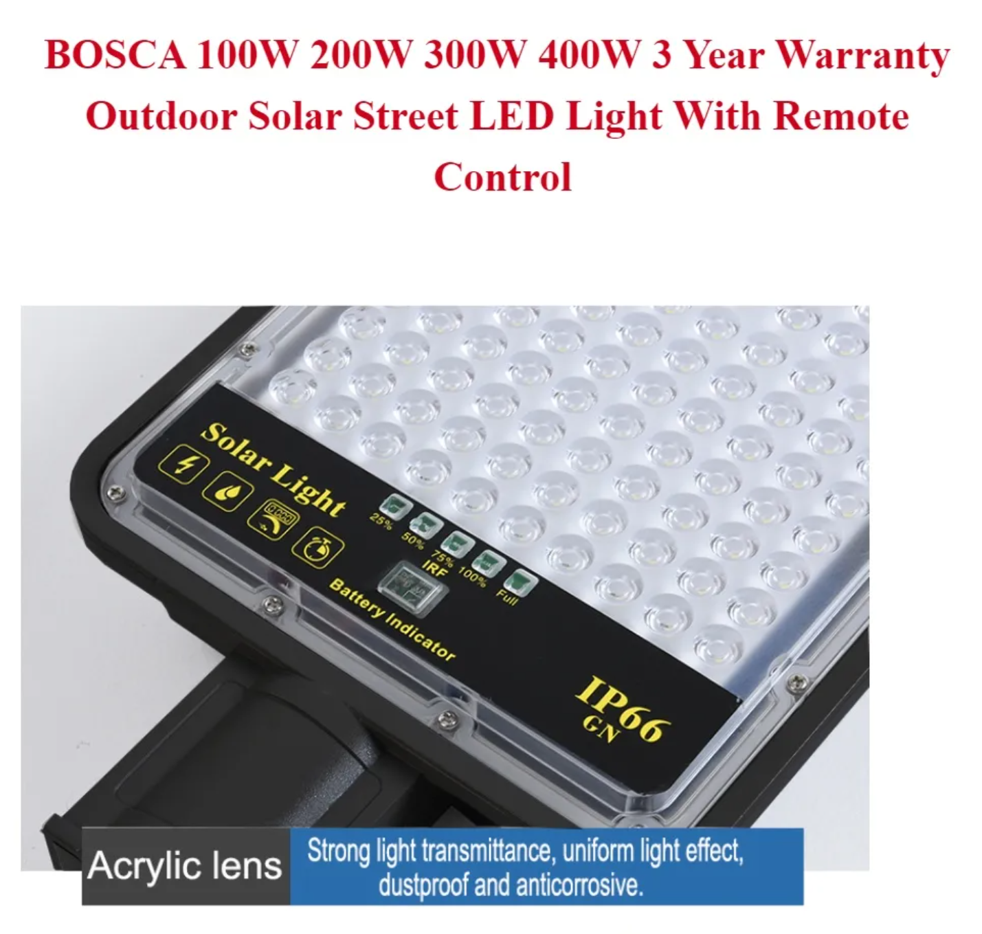 BOSCA 100W 200W 300W 400W 5 Year Warranty Waterproof Solar Street LED ...