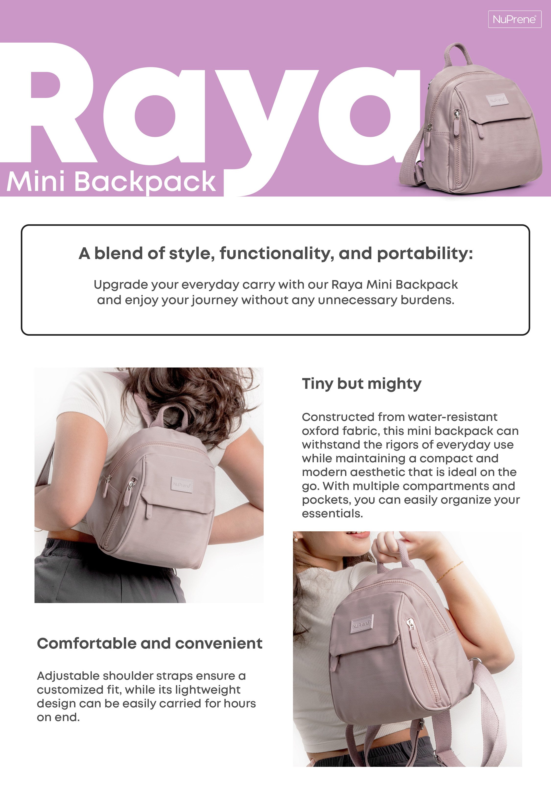 NuPrene - The Raya Mini Backpack - Water-Resistant Backpack in Lilac ...