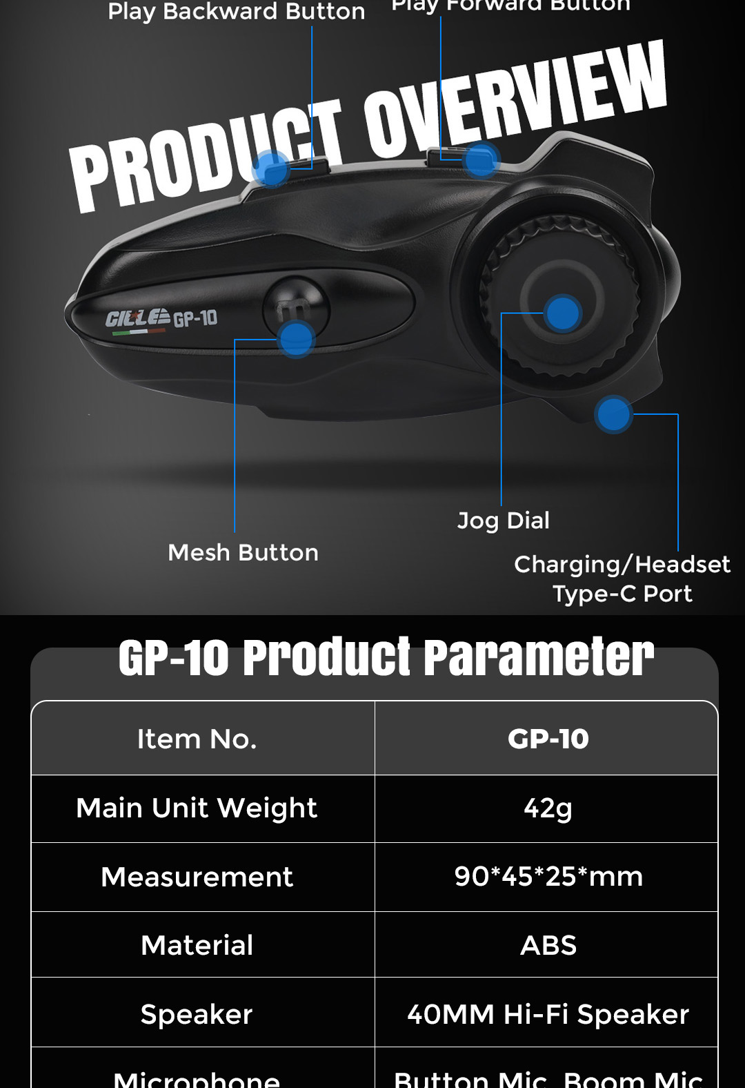 GILLE GP10 Mesh Motorcycle Intercom For Helmet Hi-FI Sound Bluetooth 5. ...