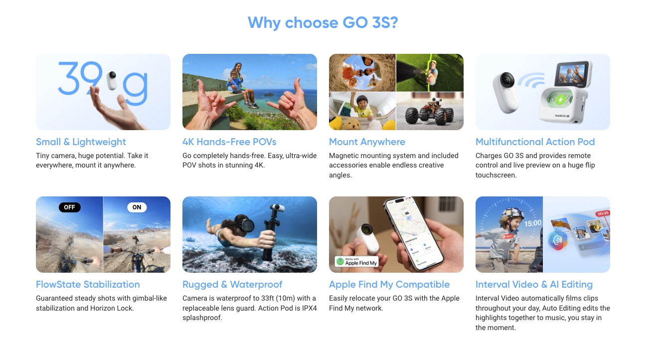 Insta360 GO 3S (128GB) 4K Tiny Waterproof Action Camera, Hands-Free POV ...
