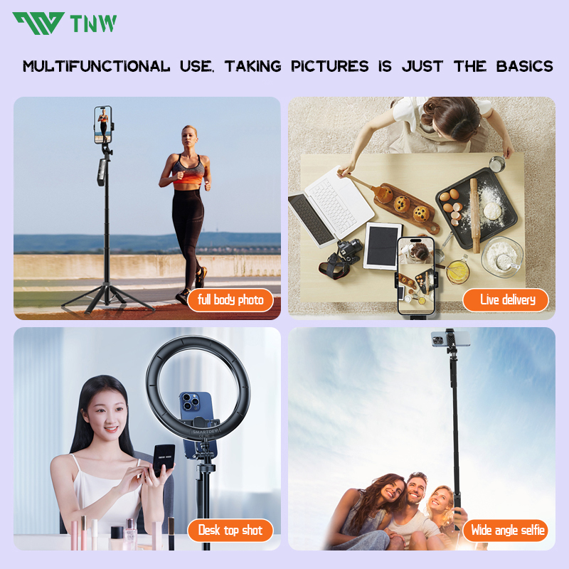 TNW S30 Four Corner Selfie Stick Tripod 360°Rotation with Bluetooth Remote Fill light for ...