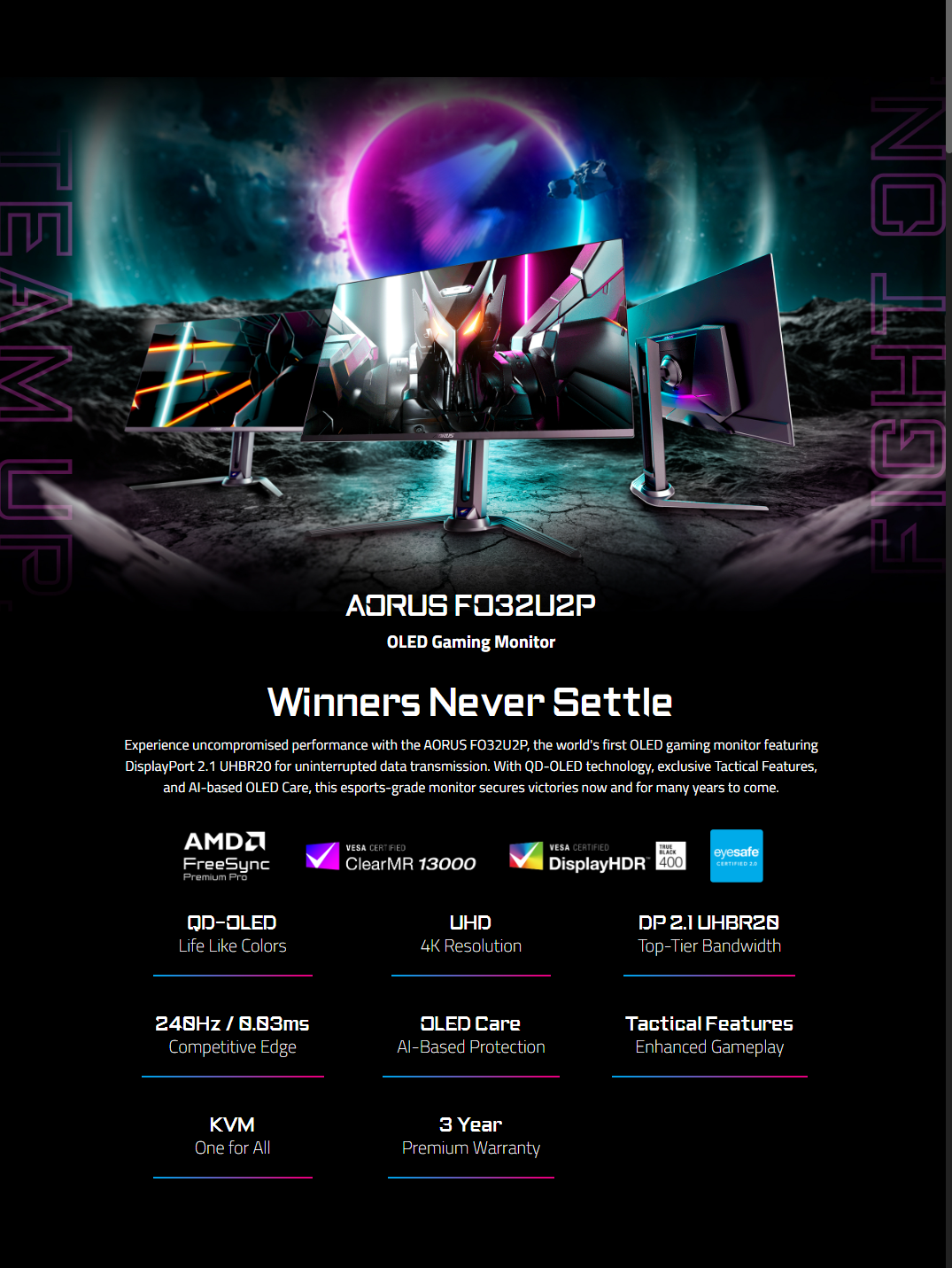 Gigabyte Aorus FO32U2P 4K OLED Gaming Monitor - 31.5" UHD QD-OLED ...