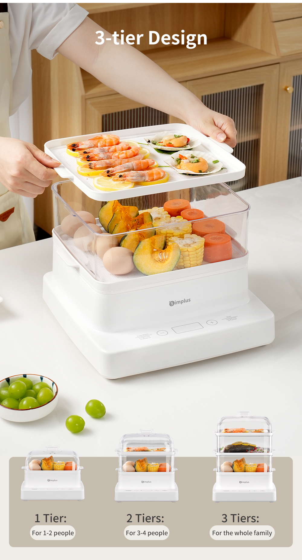 Simplus Electric Food Steamer Multifunction Smart Timer (3 Layers 1200W ...