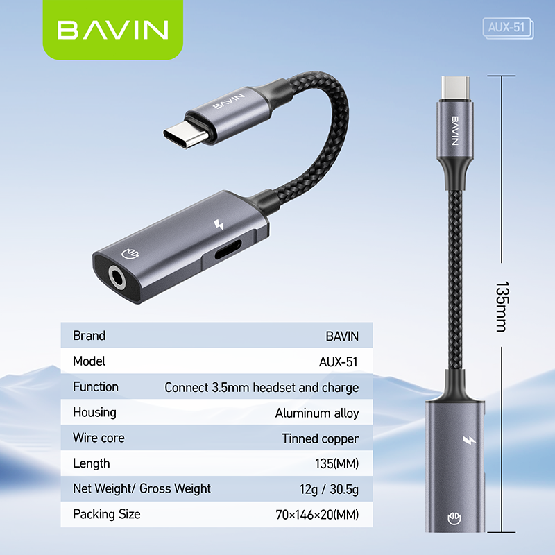 BAVIN AUX51 USB-C Adapter Splitter TYPE-C+3.5mm Jack Audio & Charger ...