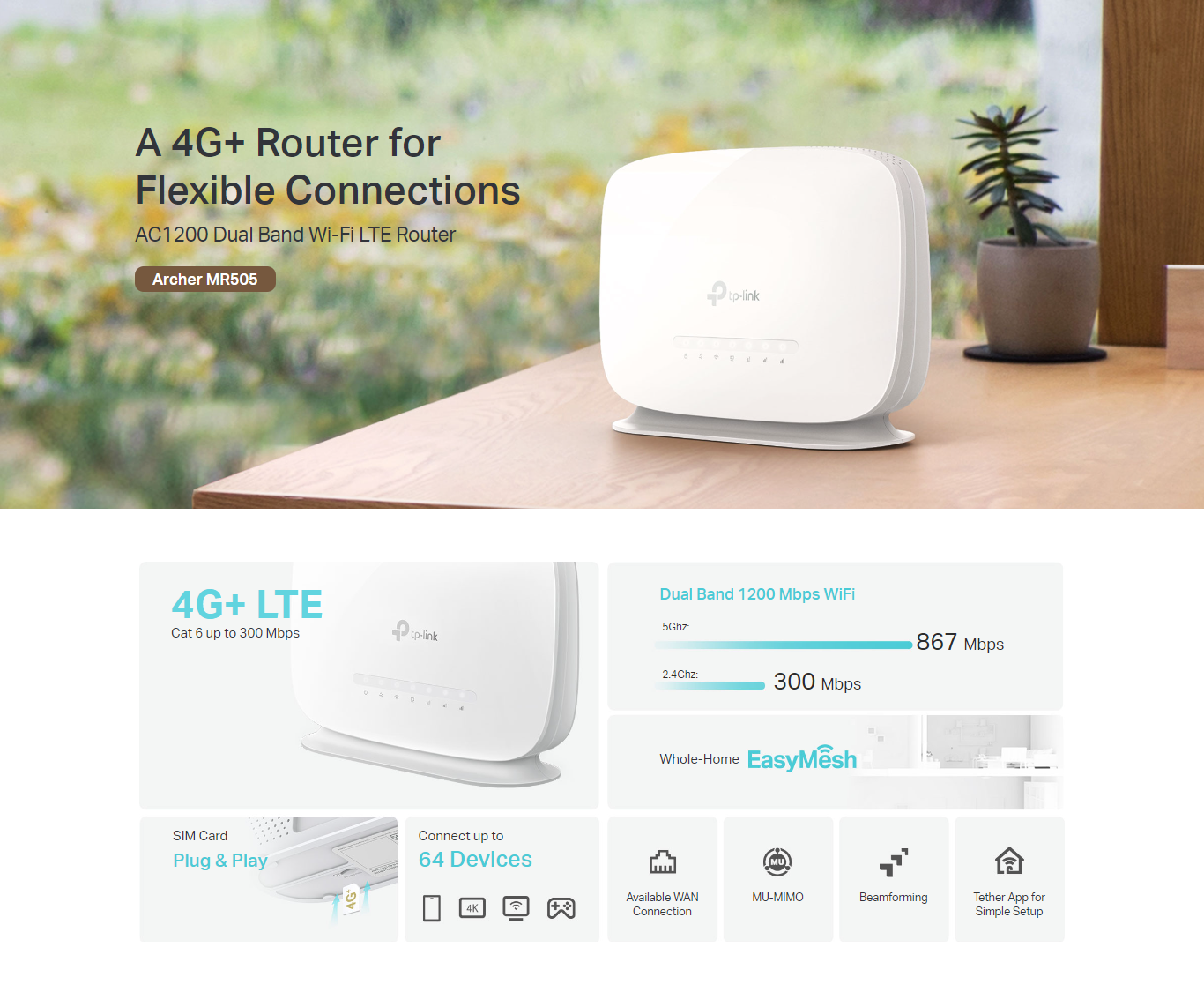 TP-Link Archer MR505 4G+ Cat6 AC1200 Wireless Dual Band Gigabit Router ...