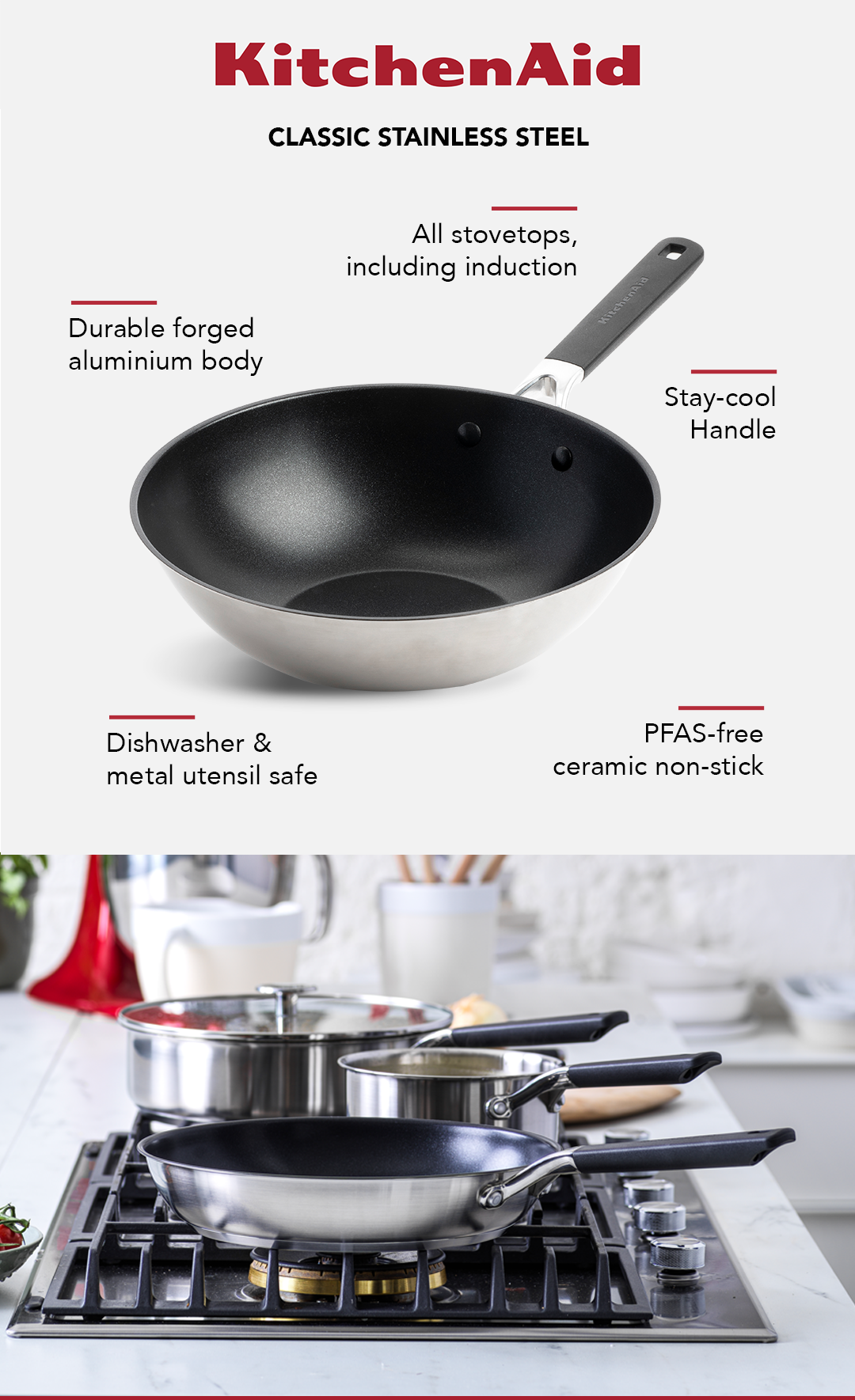 KitchenAid Classic Stainless Steel Open Frypan 28cm Ceramic non-stick ...