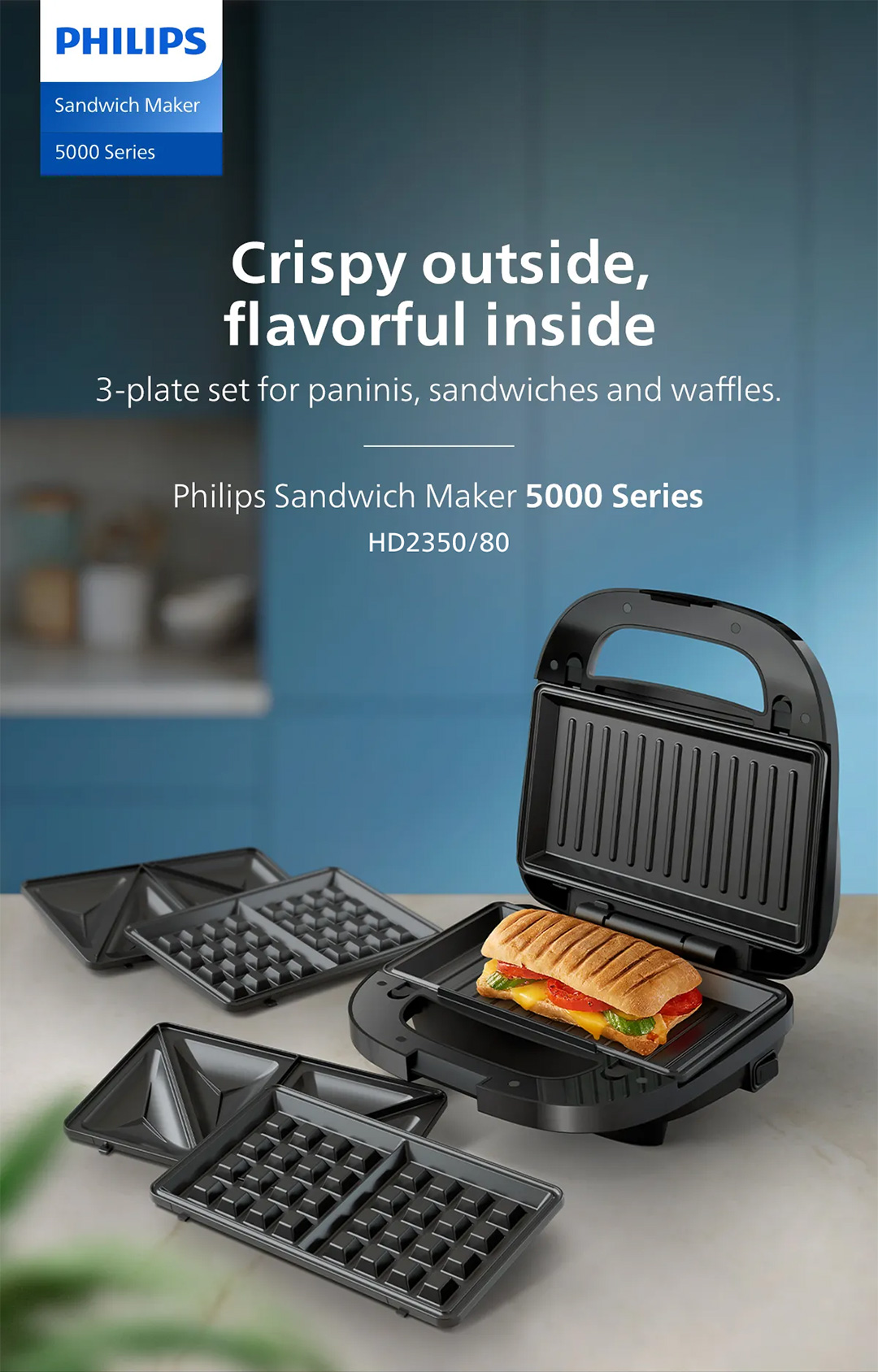PHILIPS Sandwich Maker HD2350/80 With 3 Different Plate Sets for Panini ...
