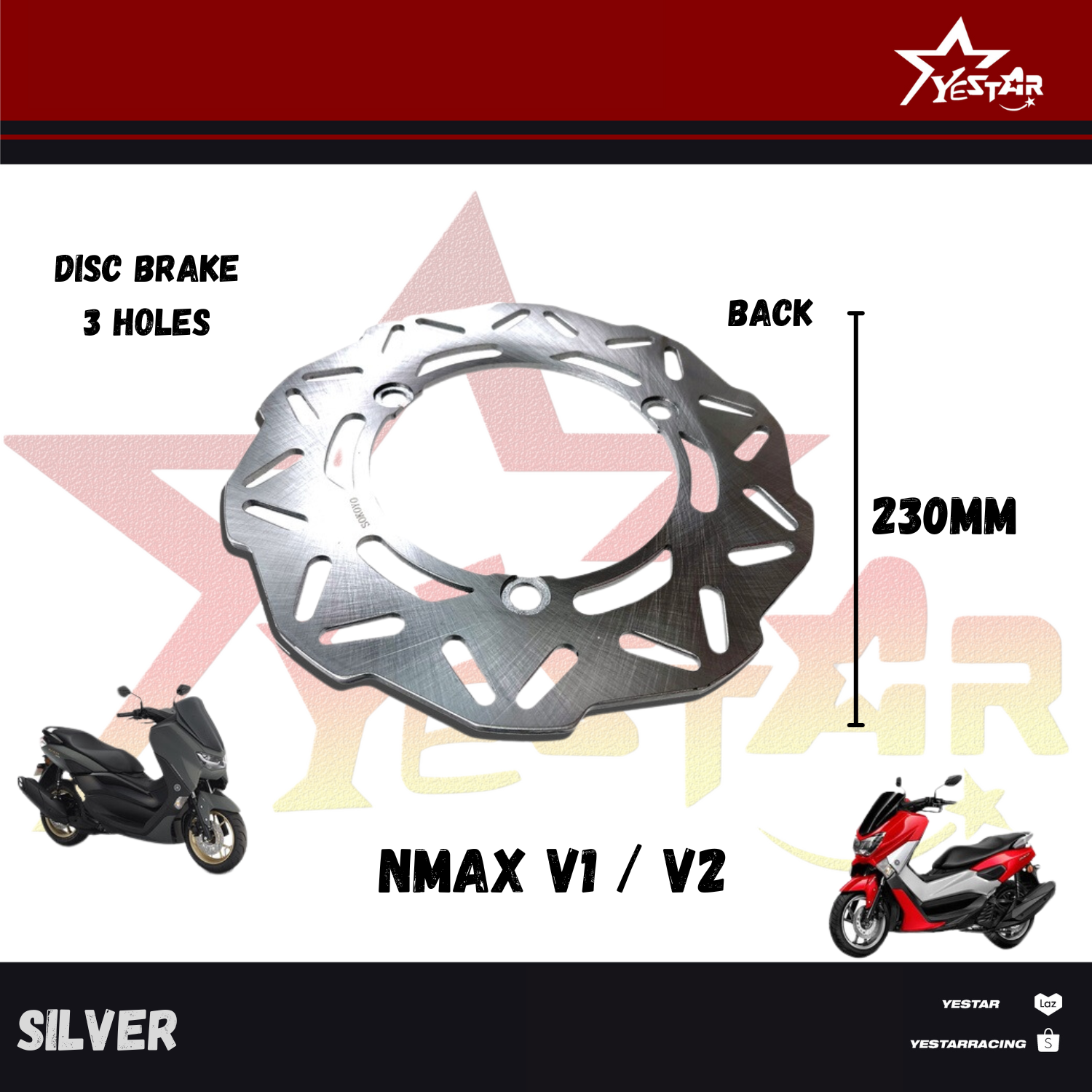Yestar 1pcs Rear Disc Brake 230mm 3 Holes Yamaha Nmax v1 v2 v2.1 Rear ...
