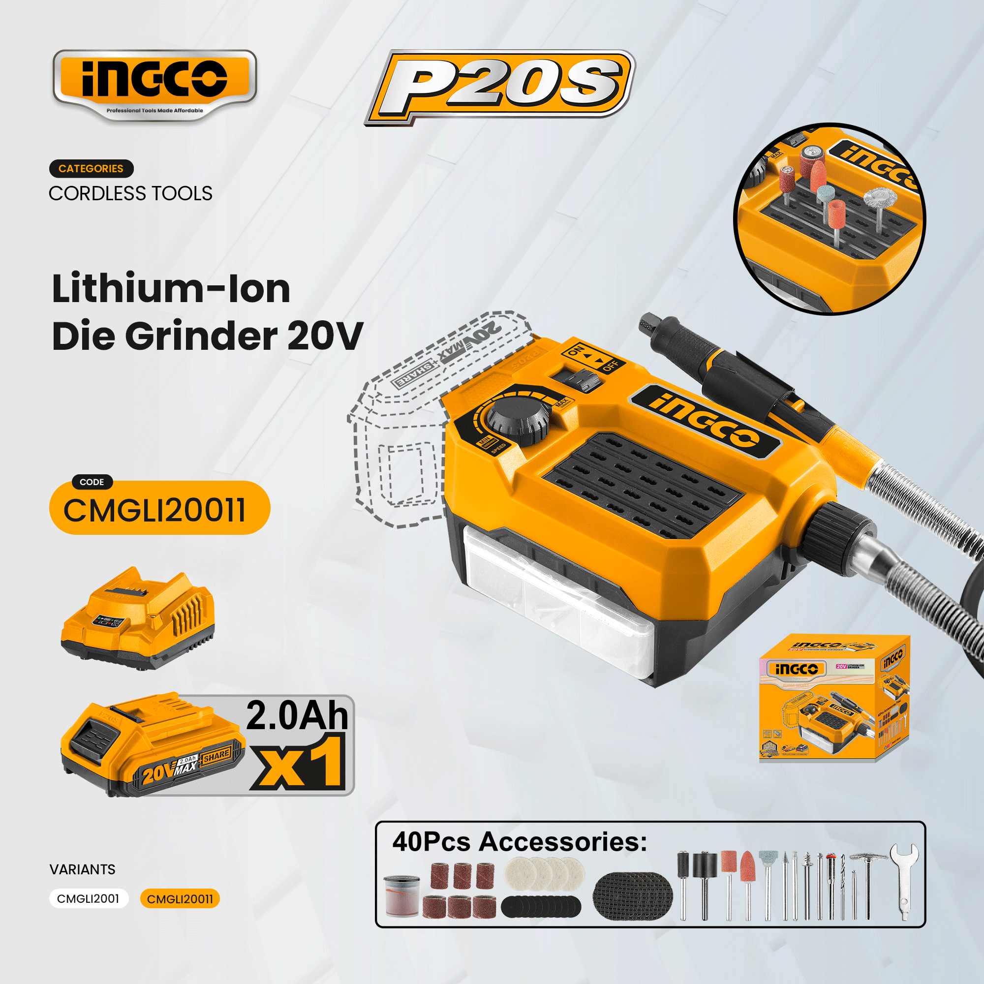 Ingco 20V Lithium-Ion Die Grinder with 40pcs Accessories and Variable ...