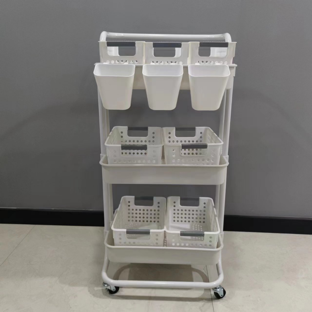 Trolley Cart Organizer With Basket Shelf Storage 3-Tier Plastic Utility ...
