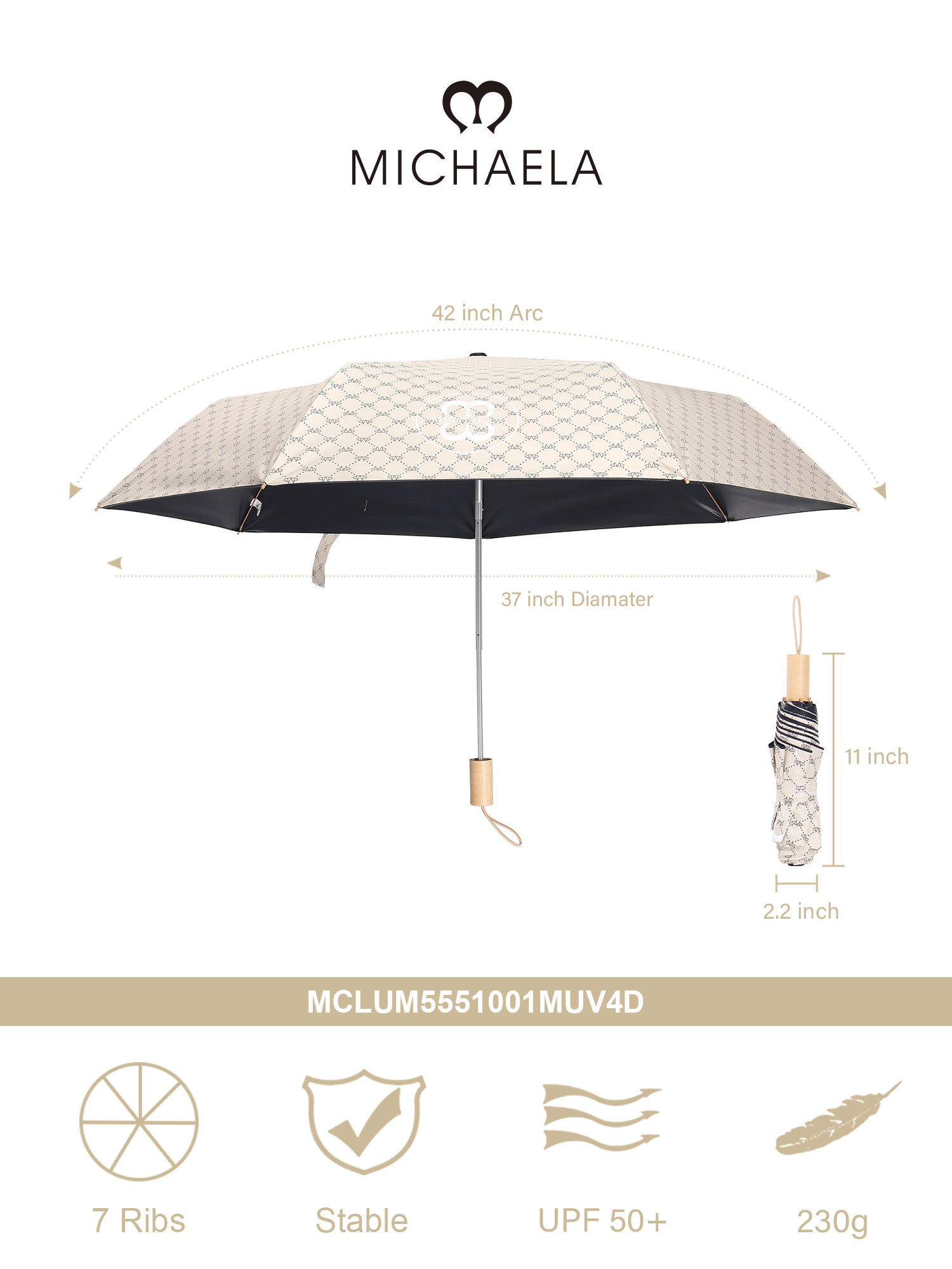 MICHAELA Light Windproof Umbrella Cat-Head Checkered Print UV Protect 7 ...