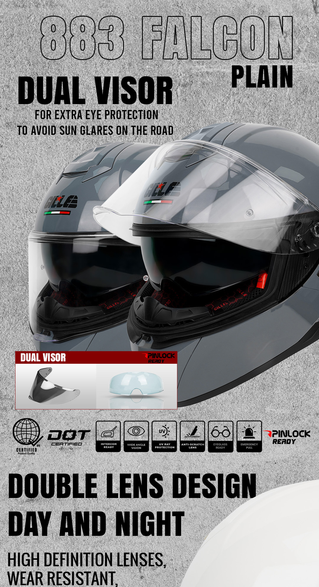 Gille Helmet 883 FALCON PLAIN Motorcycle Helmet Full Face Dual Visor With Keychain | Shopee ...