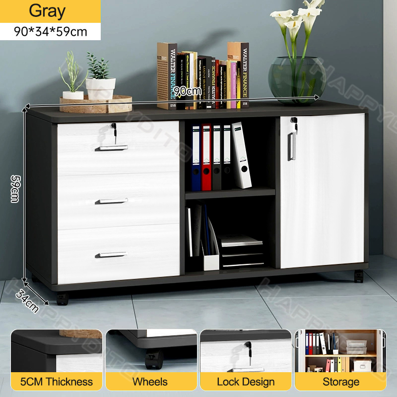 File Cabinet with Lock Wheel Wooden Locker Home Office Storage Cabinet ...